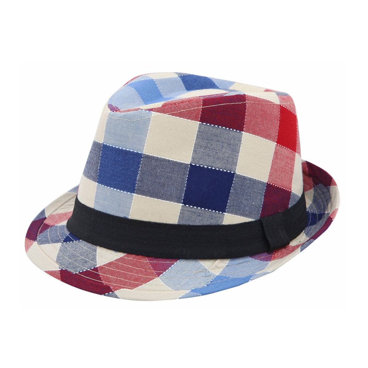Premium Multi Color Plaid Stitch Black Band Fedora Hat - Different Col ...
